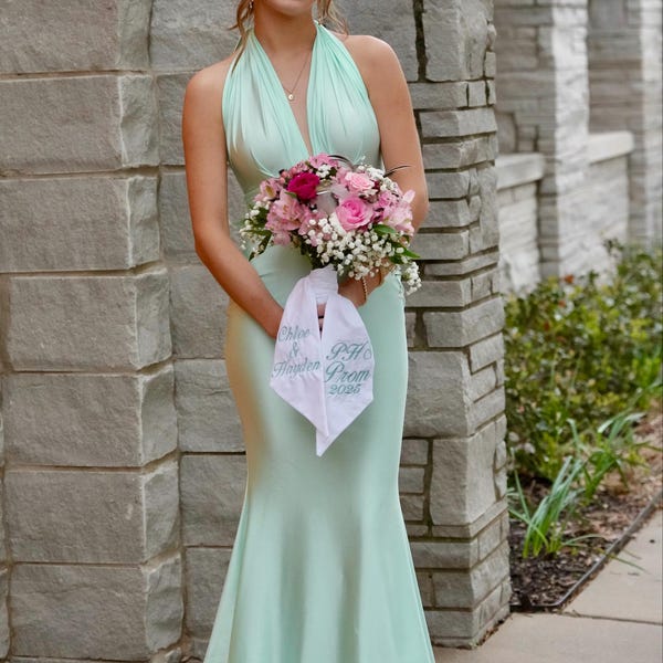 Hoco Custom Pink Toile Embroidered Bouquet Wrap Sash Bow Prom Bouquet ...