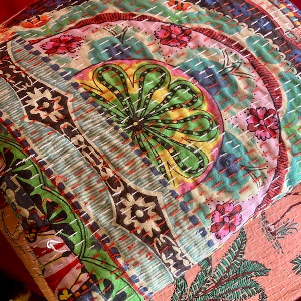 Indian Kantha Quilt Throw Multi Color Design Print Cotton Bedspread ...