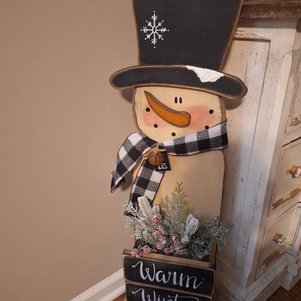 Standing Wood Snowman/3 Ft Tall/primitive Winter Decor/ Rustic Snowman ...