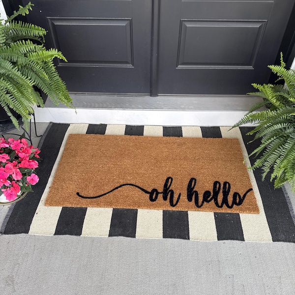 Flocked Coir Doormat Oh Hello Cursive Welcome Mat Housewarming Gift - Etsy