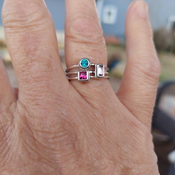 Set of 3 Stacking Family Birthstone Rings • Sterling Silver Gemstone ...
