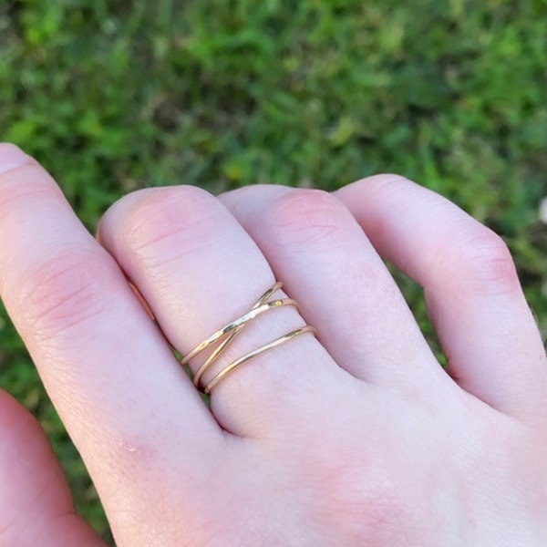 Gold Wrap Ring 14k Solid Gold Hammered and Smooth Organic Rustic 3 Band ...