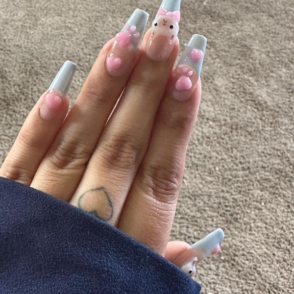 Kawaii Kitty French Style Press on Nails|3d Premium Art Design Reusable ...