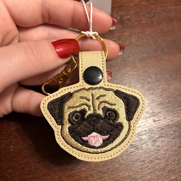 Realistic Pug Keychain: Embroidered Faux Leather Key Fob or Bag Charm ...