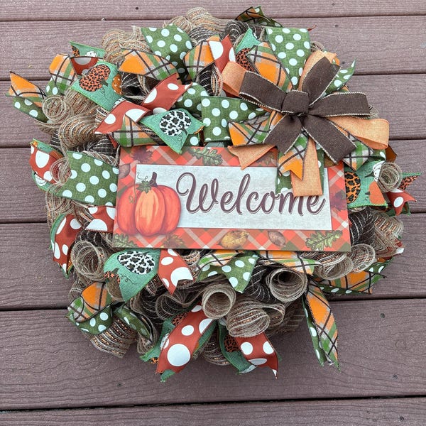 Fall Welcome Wreath for Front Door, Pumpkin Deco Mesh Wreath With Wired ...