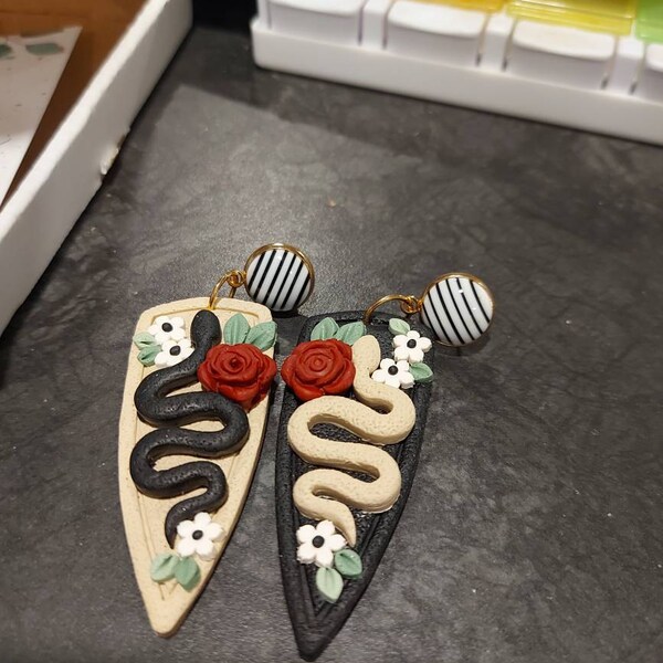 Mismatched Floral Snake Earrings, Boho Snake Dangles, Gothic Snake ...