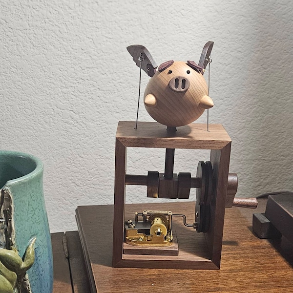 Handcrafted Wooden Flying Pig Music Box, Hand-crank Wooden Flying Pig ...