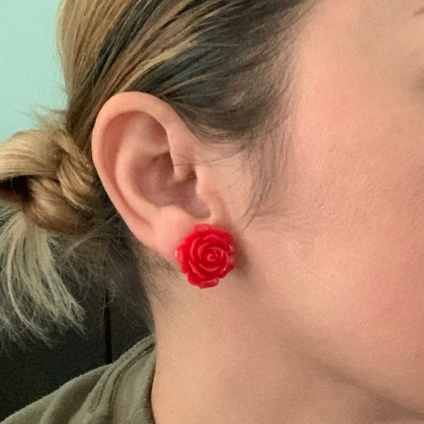 Red Rose Earrings, Large Resin Flower Studs, Vintage Style, Retro ...