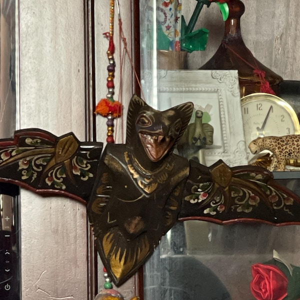 Flying Black Bat Mobile Balinese Spirit Chaser Hand Carved Wood Bali ...