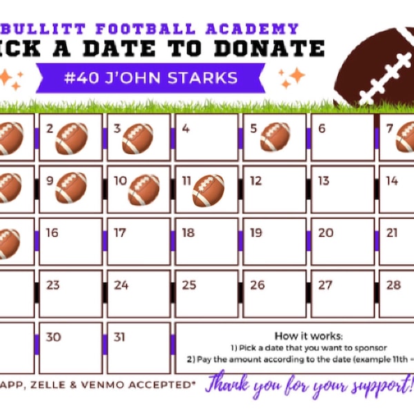 Editable Football Donation Calendar | Pick a Date to Donate Fundraiser ...