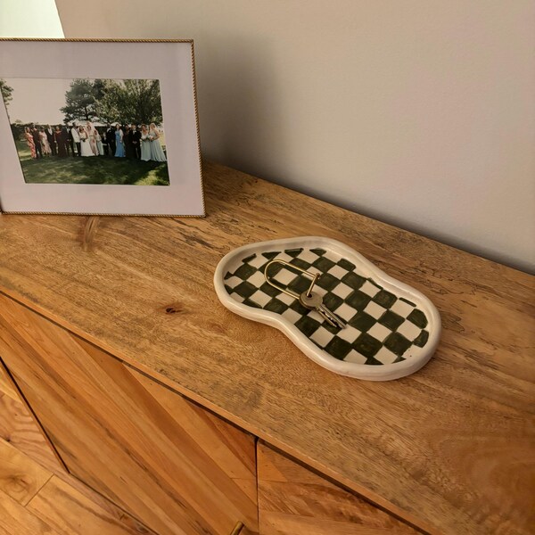 Checkered Catch All Trinket Tray for Keys, Handmade Ceramic Tray for ...