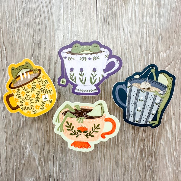 Teacup Frog Stickers | Cottagecore Cozy Toads | Durable Waterproof ...