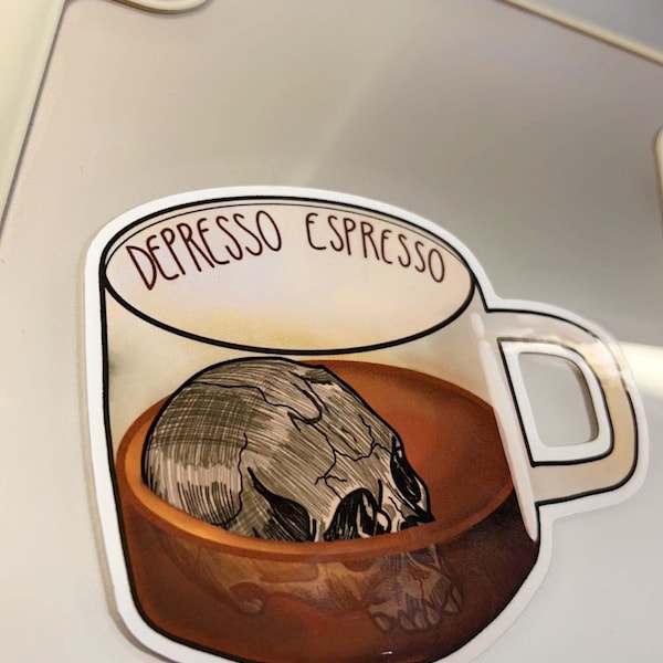 GLOSSY STICKER: Depresso Espresso Skull Coffee Cup Mental Health ...