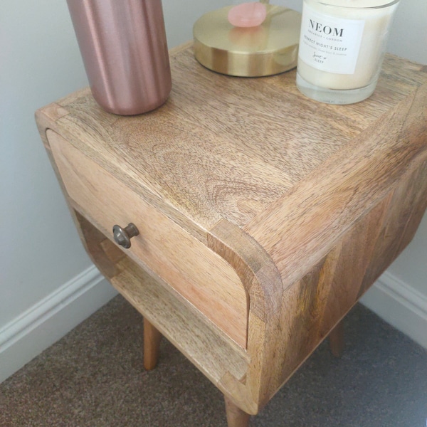 Small Curved Bedside Table With Open Shelf • Minimalist Bedside Table ...