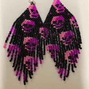 Skull Bead Earrings Pattern Halloween Design, Black Fringe Earrings ...