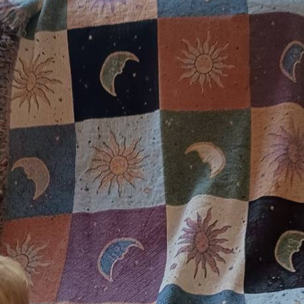 Boho Sun and Moon Woven Blanket - Celestial Checkerboard Throw Blanket ...