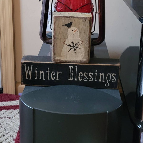 Winter Blessings Snowman Primitive Block Sign - Etsy