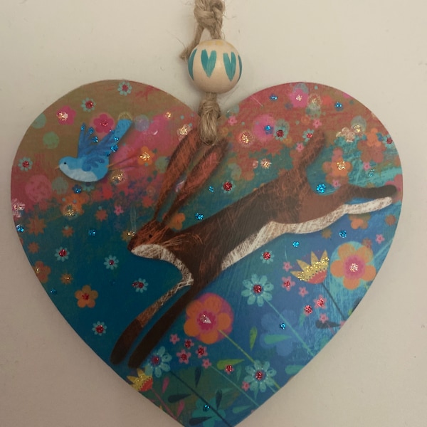 Beautiful Leaping Hare and Bluebird Illustrated Wooden Heart Hanger ...