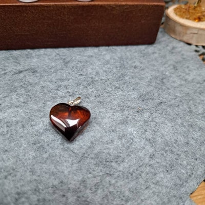 Heart Baltic Amber Pendant / Red Color Gemstone / 925 Sterling Silver ...