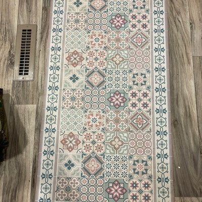 NEW Blue Vinyl Floor Mat With Eclectic Tiles. Blue Pvc Rug, Printed to ...