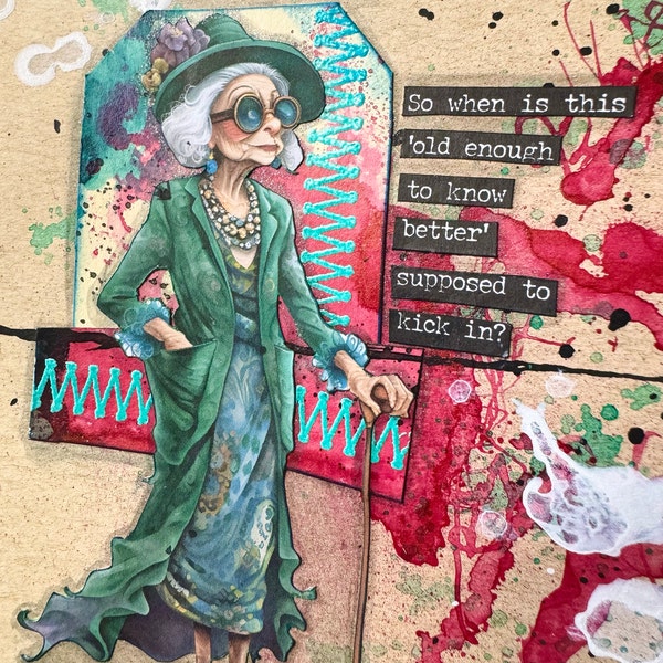 Whimsical Old Lady Clipart, Mixed Media Quirky Woman CU Clip Art, Old ...