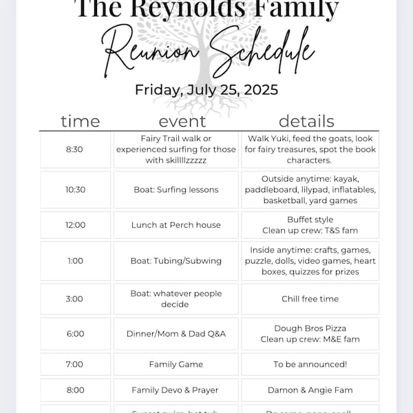 Editable Family Reunion Itinerary Template, Family Reunion Agenda ...