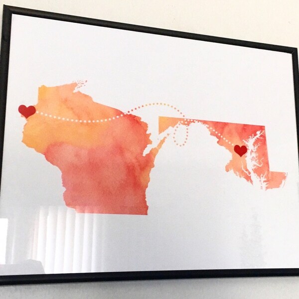 Personalized Gift Two States Love - Watercolor Wedding Gift - State ...