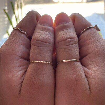14k Minimalist Solid Gold Braided Rope and 14k Solid Gold Thin Band Ring Set, Stacking Rings ...
