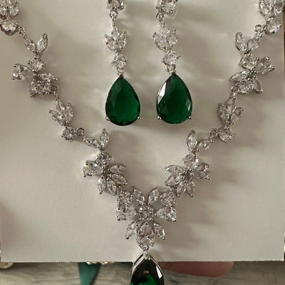 Emerald Bridal Jewelry Set, Emerald Green Bridal Earrings, CZ Necklace ...