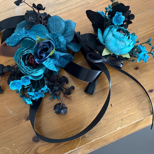Realistic Artificial Custom Gothic Teal & Black Prom / Wedding Corsage ...