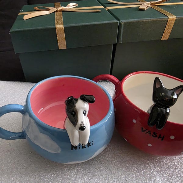 Custom Pet Mug With 3D Dog/cat Figure Handmade Ceramic Mug Peekaboo Pet ...