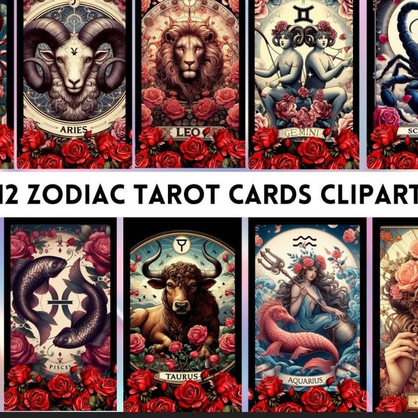 Rose Zodiac Tarot Cards Clipart, 12 Zodiac Cards Png, Zodiac Design ...