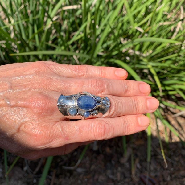 Silver Long Finger Ring , Large Gemstone Ring for Women Bohemian ...