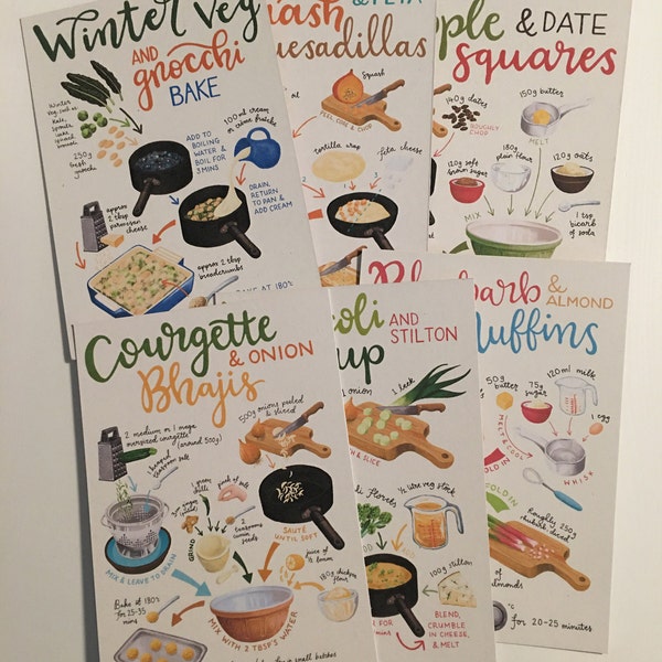 Illustrated Recipe Postcards, Pack of 8, A6 Size - Etsy