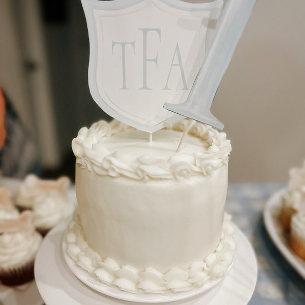 Watercolor Blue ONE Cake Topper & Monogram Blue Crest Cake Topper ...