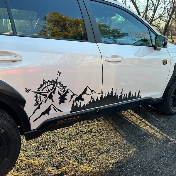 Treeline and Mountain With Compass SUV Vinyl Decal Sticker, Mountain ...