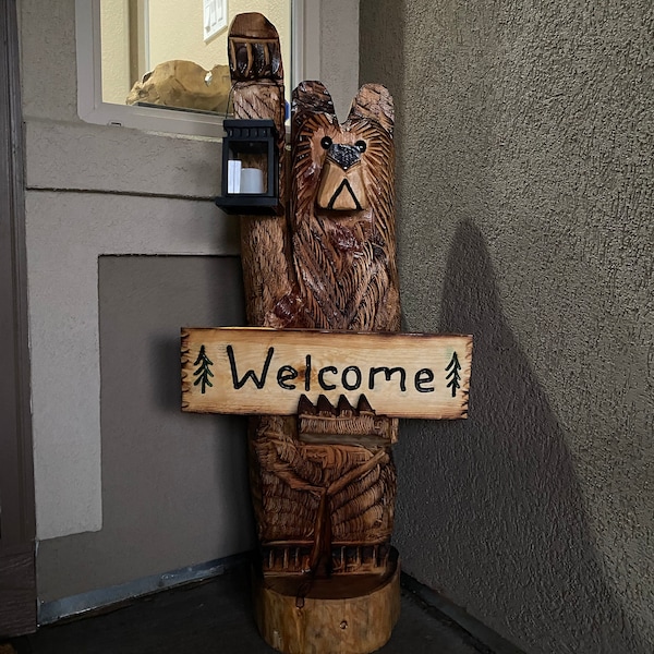 38" Welcome Bear on Stump Chainsaw Carving - Etsy
