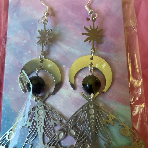Silver Luna Moth Moon Phases ANXIETY RELIEF Dangle Earrings, Tourmaline ...