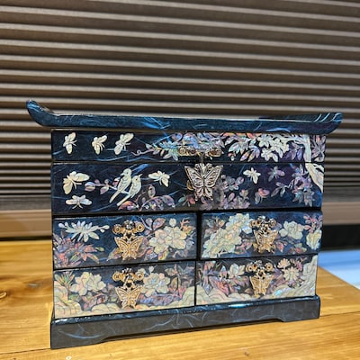 Mother of Pearl Asian Inlay Flower Jewelry Box Purple Vintage Keepsake ...