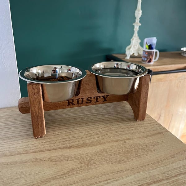 Beech Wooden Elevated Dog Bowl Stand for Large Dogs With 2 Stainless ...