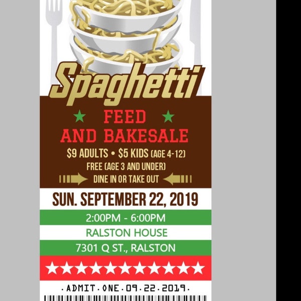SPAGHETTI DINNER TICKET Invitation School Fundraiser Booster Club Event ...