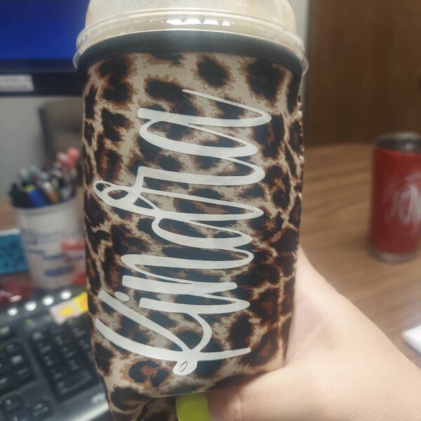 Personalized Iced Coffee Holder, Leopard Print Iced Coffee Sleeve ...