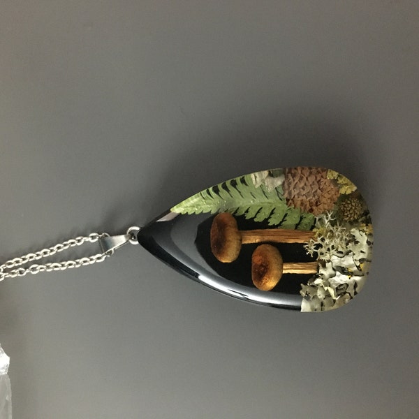 Forest Pendant With Real Mushrooms, Hepatica Flowers, Fern, Pink ...
