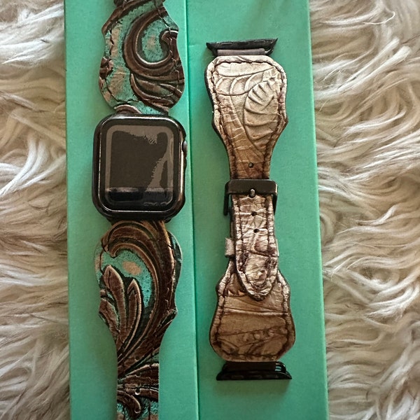Leather Watch Band Strap, Fancy Turquoise and Tan Floral for Apple 38mm ...