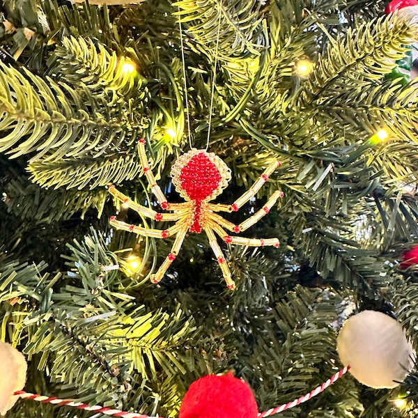 Christmas Spider Ornament, Gold & Red Beaded Christmas Tree Ornament ...