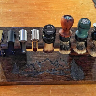 Safety Razor and Shaving Brush Stand Double Decker Wooden, Room for ...