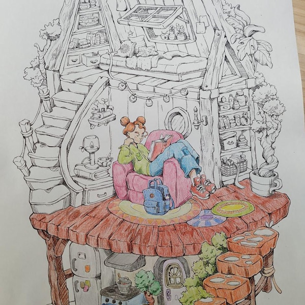 Sanctuary Coloring Page, Digital Print, Cozy Interior, Magical, House ...