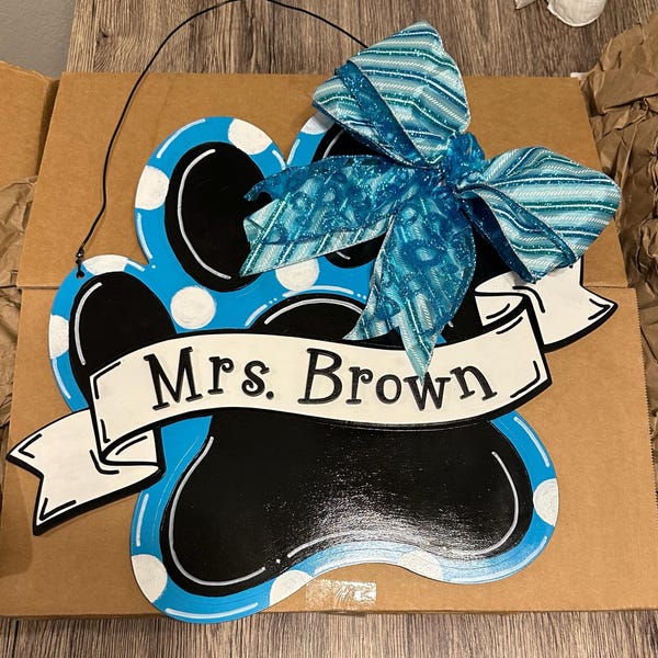 Personalized Paw Print Door Hanger, Teacher Classroom Decor Sign, Dog ...