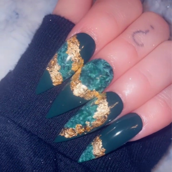Emerald Green Press on Nails/emerald Green Nails/emerald Green Marble ...