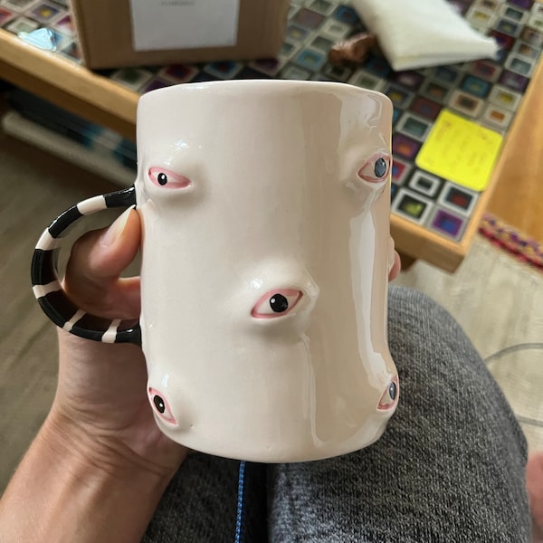Handmade Plain Eyes Striped Handle Clay Coffee Mug, 20 Oz Funky Mug ...